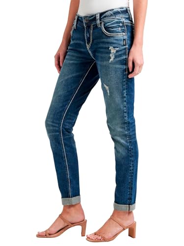 Silver Jeans Co. Women's Plus Size Girlfriend Mid Rise Skinny Jeans, Medium Marble Wash, 18 Plus