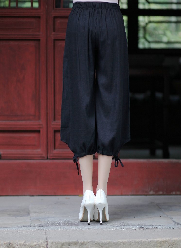 Shanghai Story Women Linen Elastic Waistband Wide Leg Capri Pants Black XL