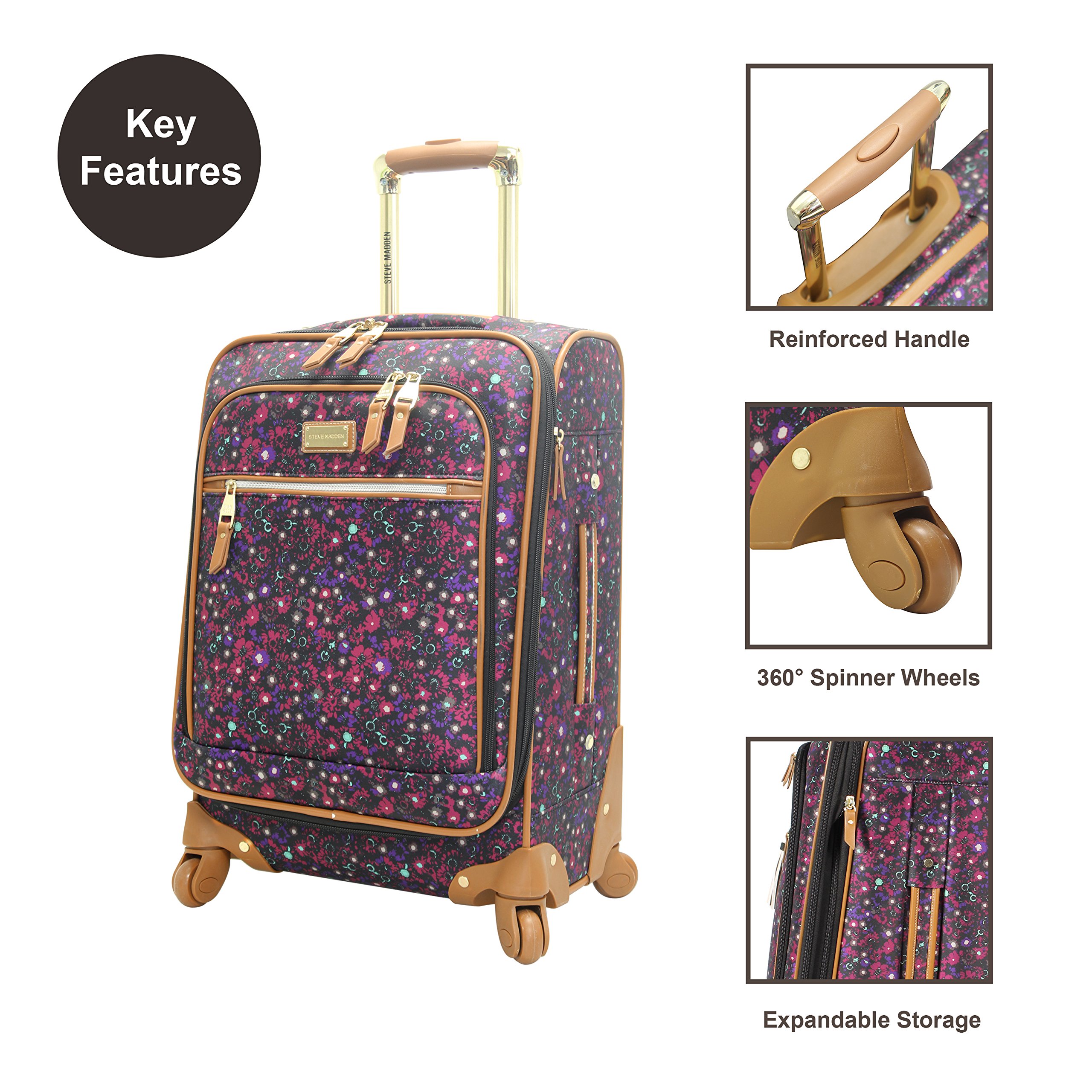 Steve Madden Designer Luggage Collection - Lightweight Softside Expandable Suitcase for Men & Women - Durable 20 Inch Carry On Bag with 4-Rolling Spinner Wheels (Dark Purple)