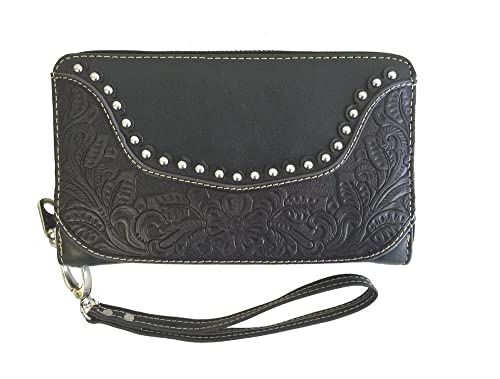 Montana West Ladies Wristlet Wallet 2-in-1 Western Tooled Genuine Leather Zippered Enclosure Brown