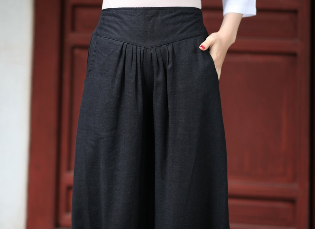 Shanghai Story Women Linen Elastic Waistband Wide Leg Capri Pants Black XL