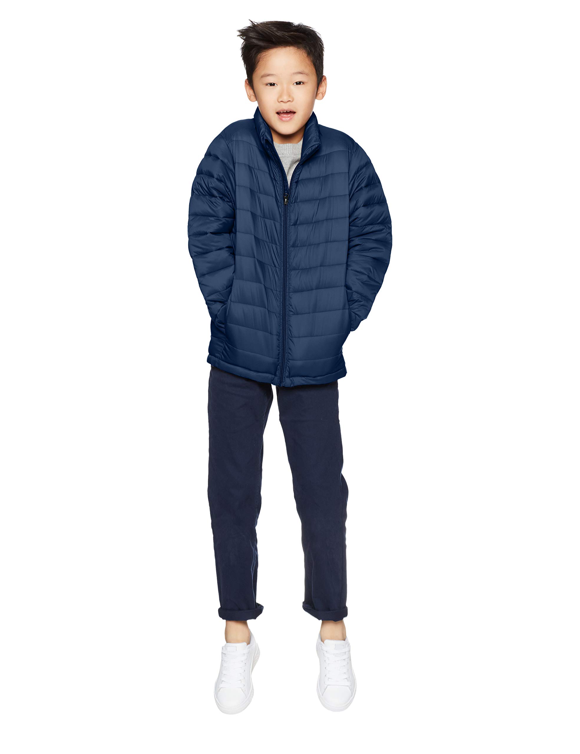 Amazon Essentials Boys' Lightweight Water-Resistant Packable Puffer Jacket, Navy, Large