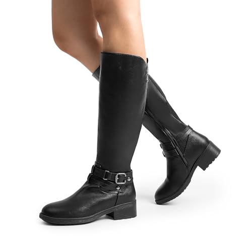 DREAM PAIRS Women's Knee High Boots, Buckle Riding Boots,Size 10,Black,UNCLE