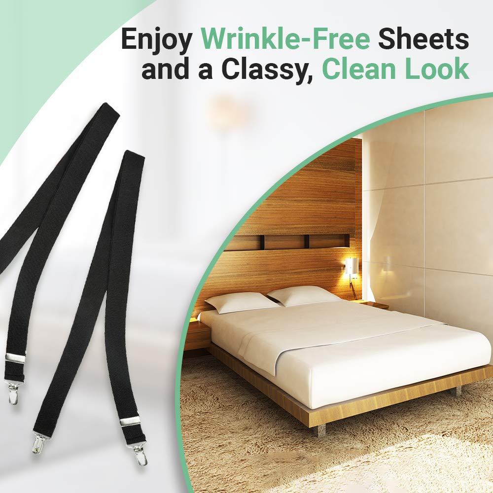 Hold’Em Bed Sheet Fastener Suspenders - Heavy Duty USA Made, Adjustable,Straight or Crisscross Keep Sheet SNUG Without Slipping Sheet Strap Holder Clips-2 pc. Adjustable White 2 Set