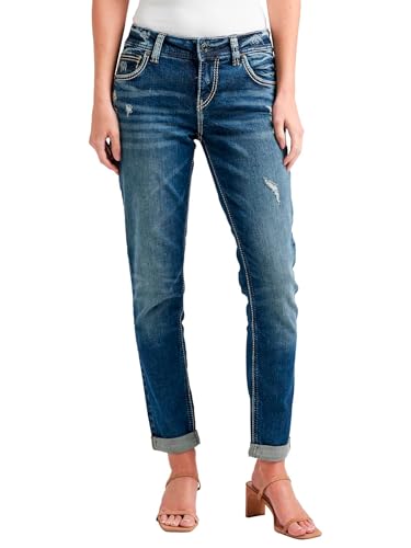 Silver Jeans Co. Women's Plus Size Girlfriend Mid Rise Skinny Jeans, Medium Marble Wash, 18 Plus