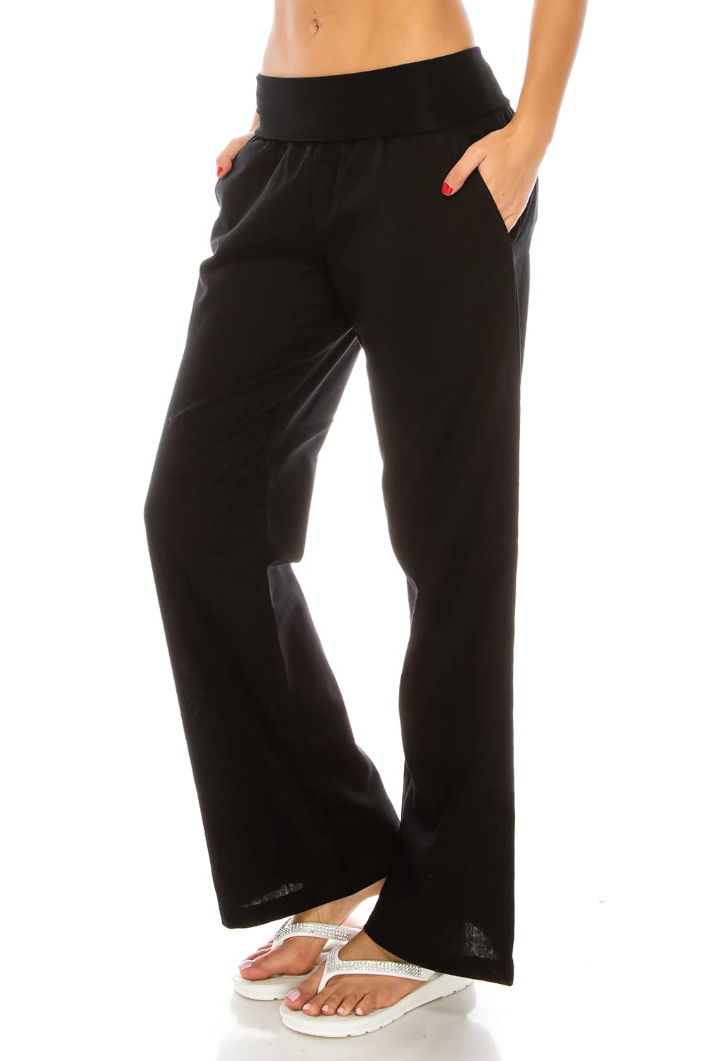 Poplooks Women's Comfy Fold Over Linen Pants (XX-Large, Black)