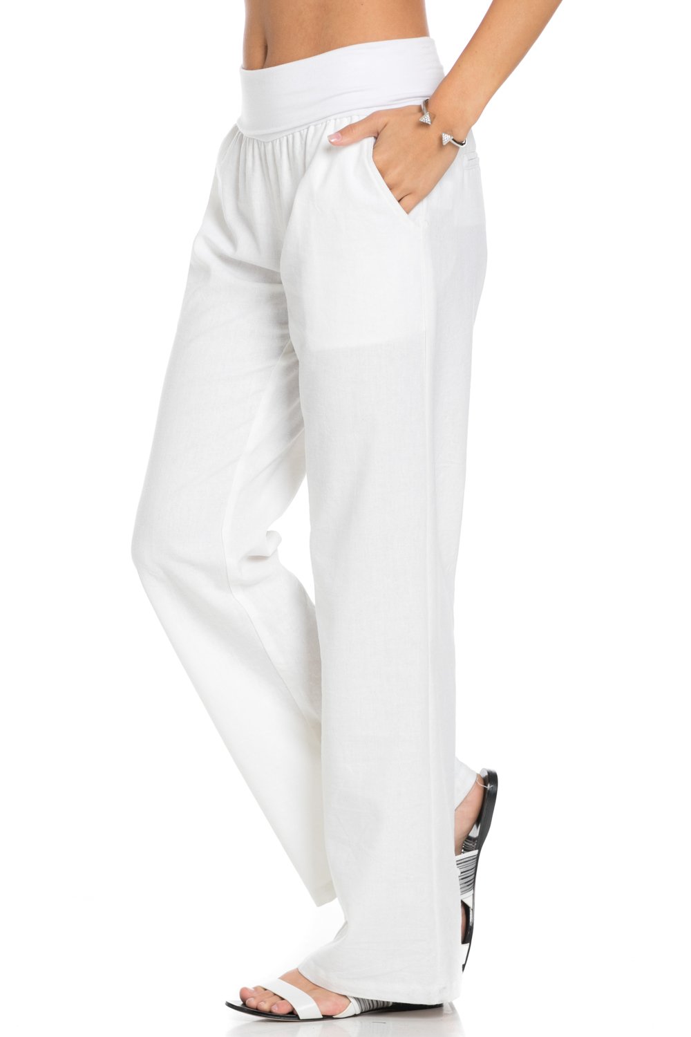 Poplooks Women's Comfy Fold Over Linen Pants (XX-Large, White)