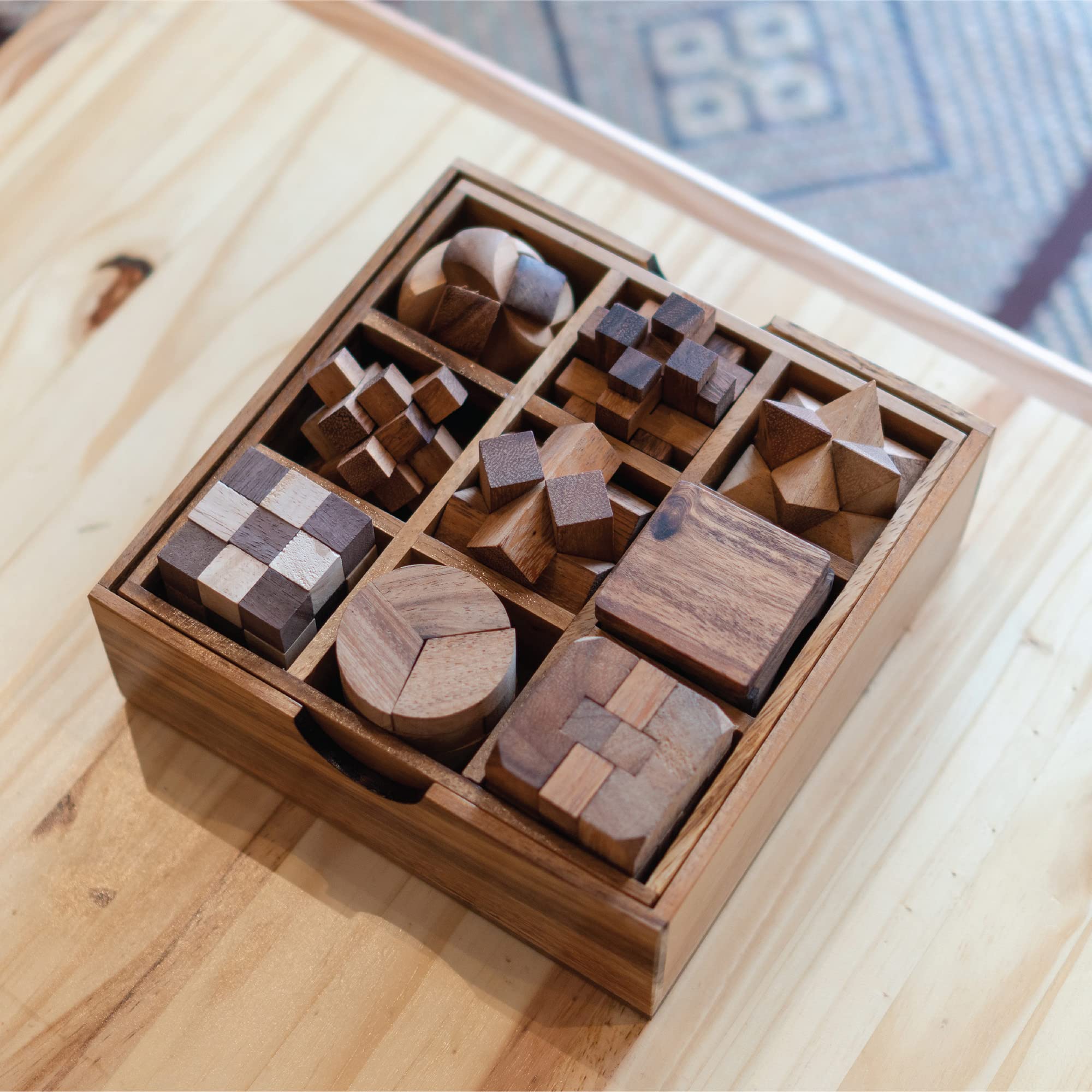 BSIRI 9 Puzzles in a Box - Wooden Brain Teasers, 3D Puzzles for Adults and Kids, Educational Mind Games, Ideal for Birthday Gifts and Home Decor
