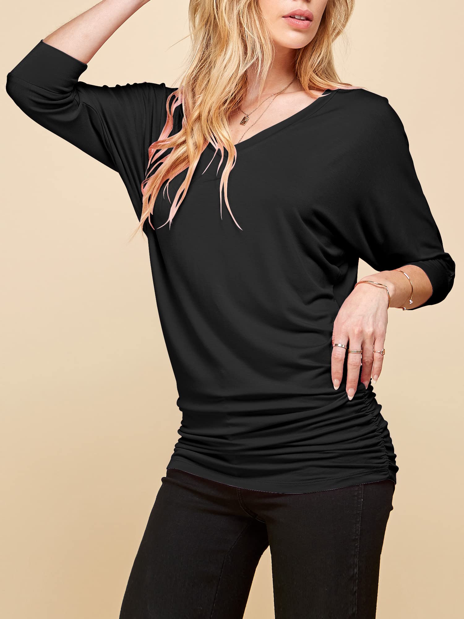 Made By Johnny MBJ WT1036 Womens V Neck 3/4 Sleeve Dolman Top with Side Shirring M Black