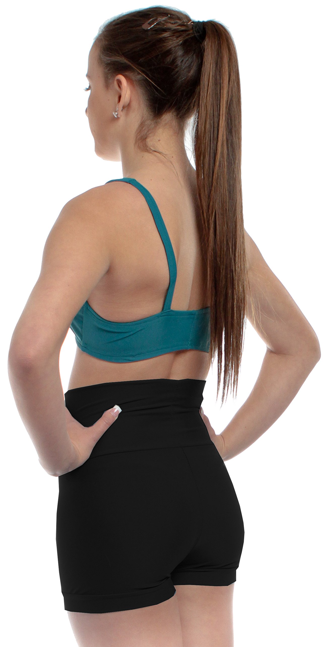 B Dancewear Womens High Waisted Dance Shorts Small Black Adult Sizes with Fold Over Band and Stretch