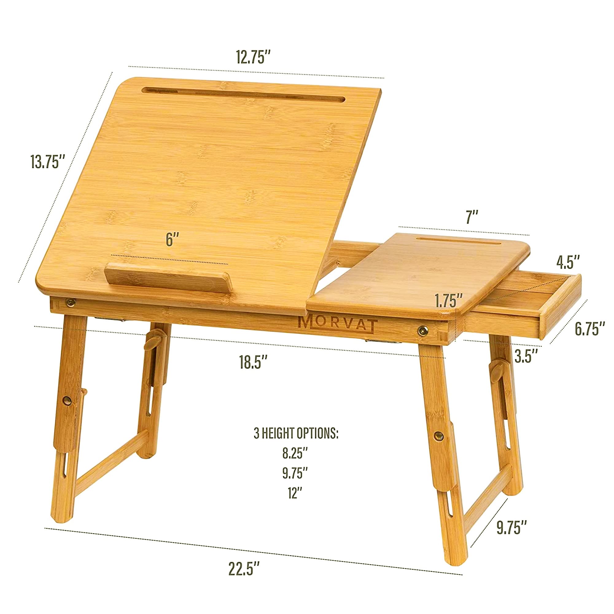 Morvat Bamboo Folding Laptop Lap Desk with Tilting Surface & Magnetic Drawer, Adjustable Writing Table & Bed Tray for Bedroom, Office & Couch, Holds Books Phones & Tablets, Includes Drawing Sketchpad