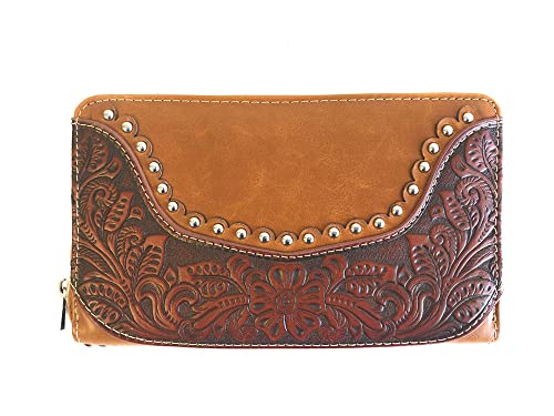 Montana West Ladies Wristlet Wallet 2-in-1 Western Tooled Genuine Leather Zippered Enclosure Brown