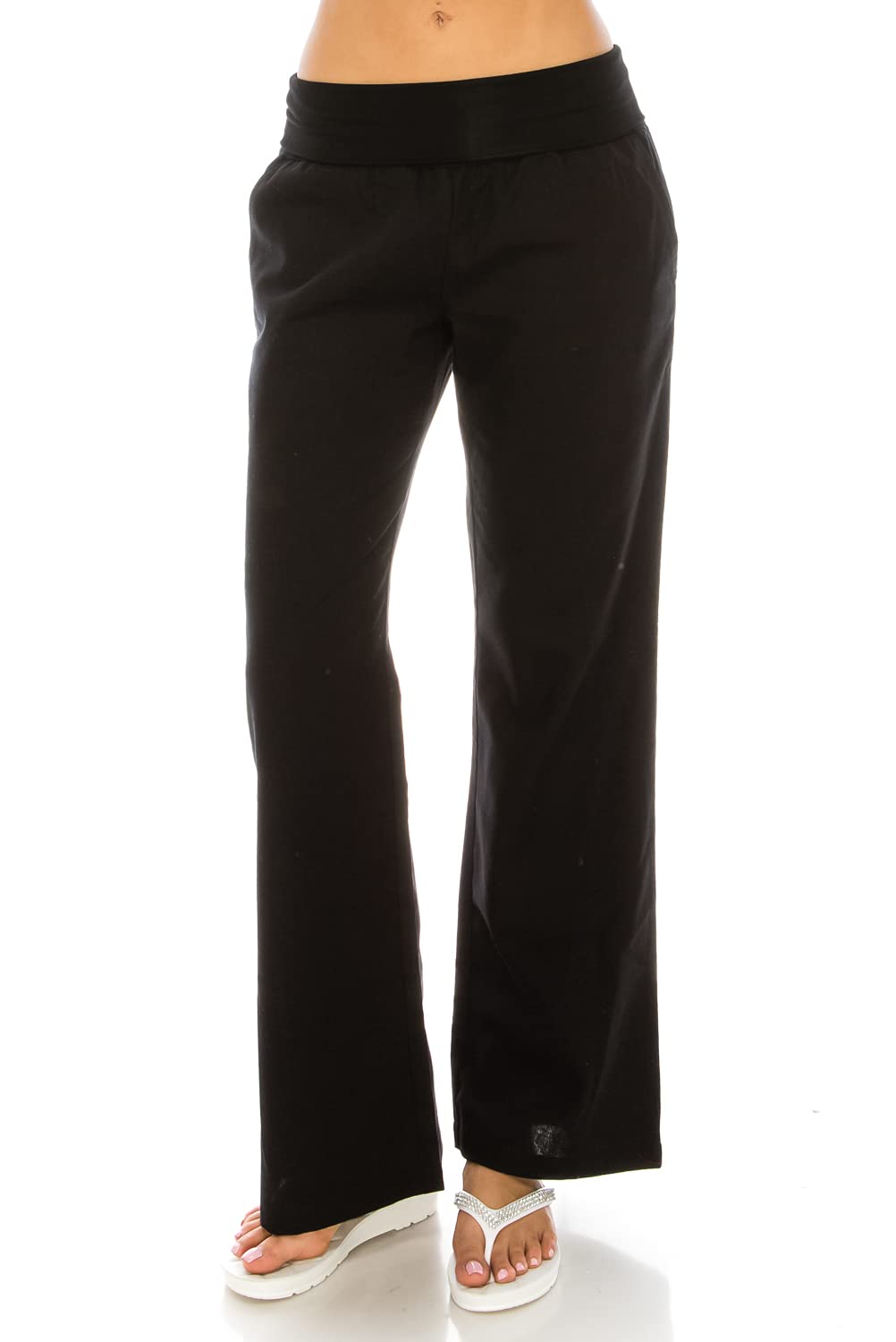 Poplooks Women's Comfy Fold Over Linen Pants (XX-Large, Black)