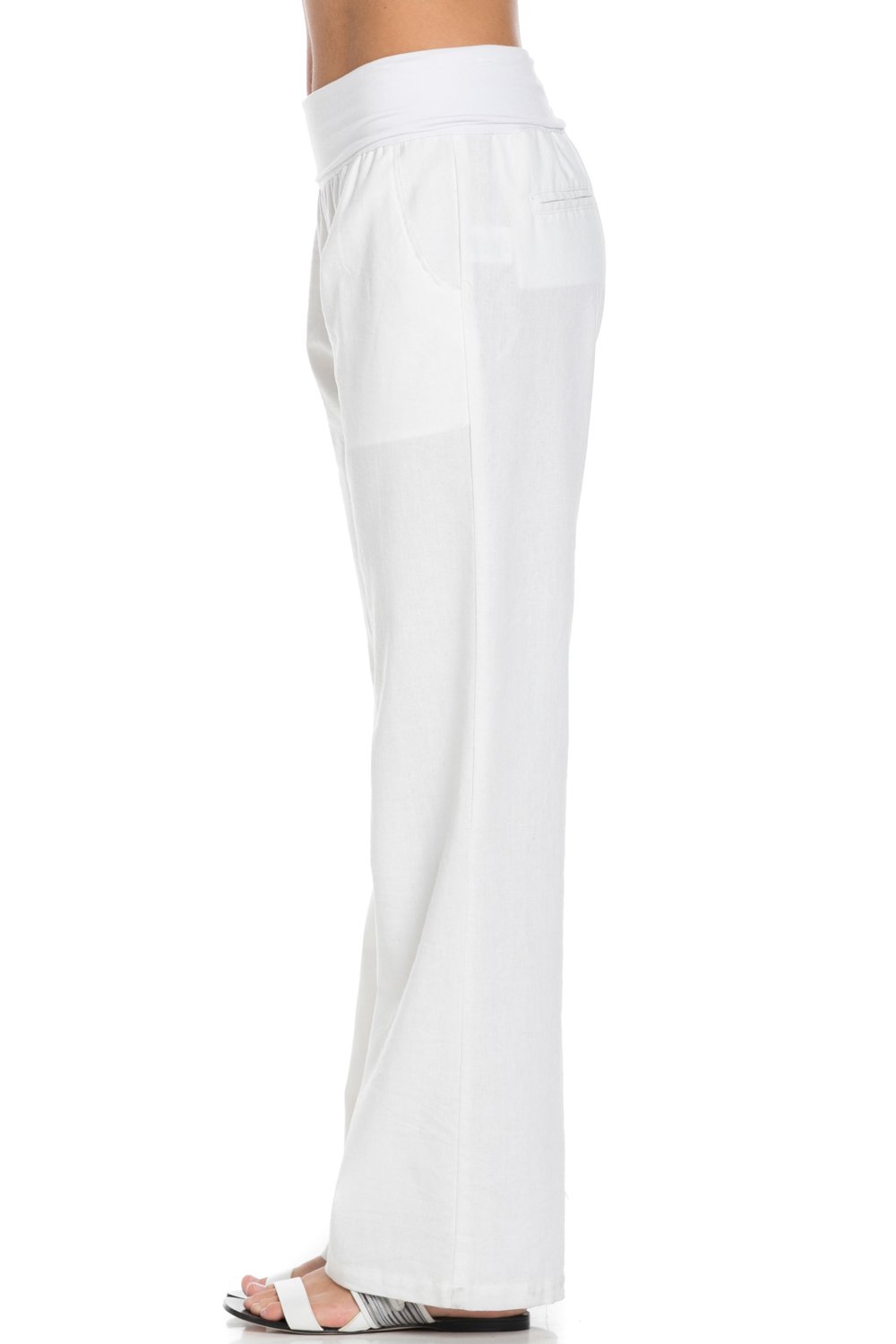 Poplooks Women's Comfy Fold Over Linen Pants (XX-Large, White)