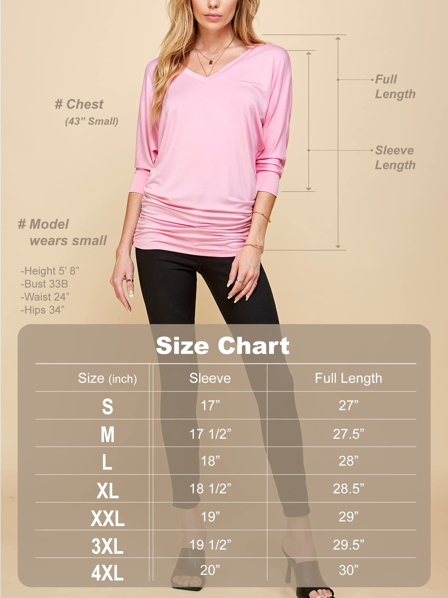 Made By Johnny MBJ WT1036 Womens V Neck 3/4 Sleeve Dolman Top with Side Shirring M Black