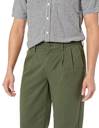 Amazon Essentials Men's Classic-Fit Wrinkle-Resistant Pleated Chino Pant (Available in Big & Tall), Dark Olive, 34W x 29L