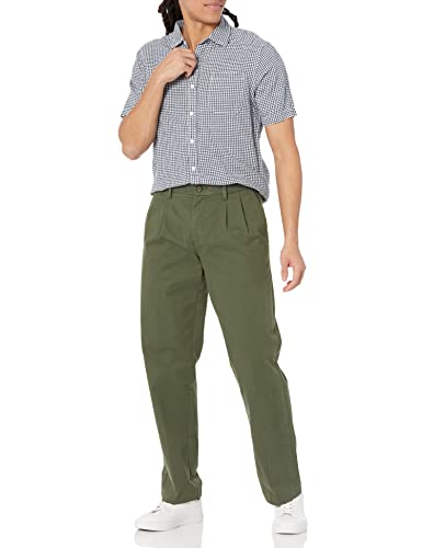Amazon Essentials Men's Classic-Fit Wrinkle-Resistant Pleated Chino Pant (Available in Big & Tall), Dark Olive, 34W x 29L