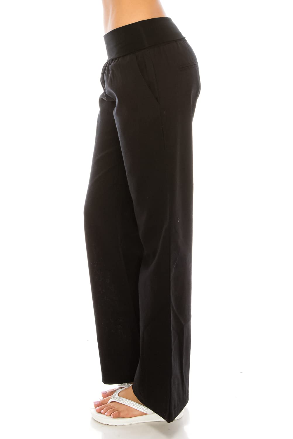 Poplooks Women's Comfy Fold Over Linen Pants (XX-Large, Black)