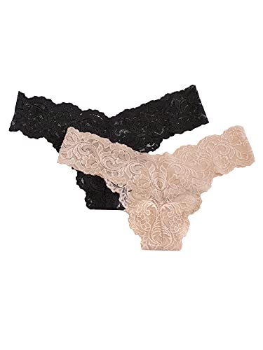 Smart & Sexy Women's Signature Lace Thong Panty 2 Pack, in The Buff/Black Hue, 6