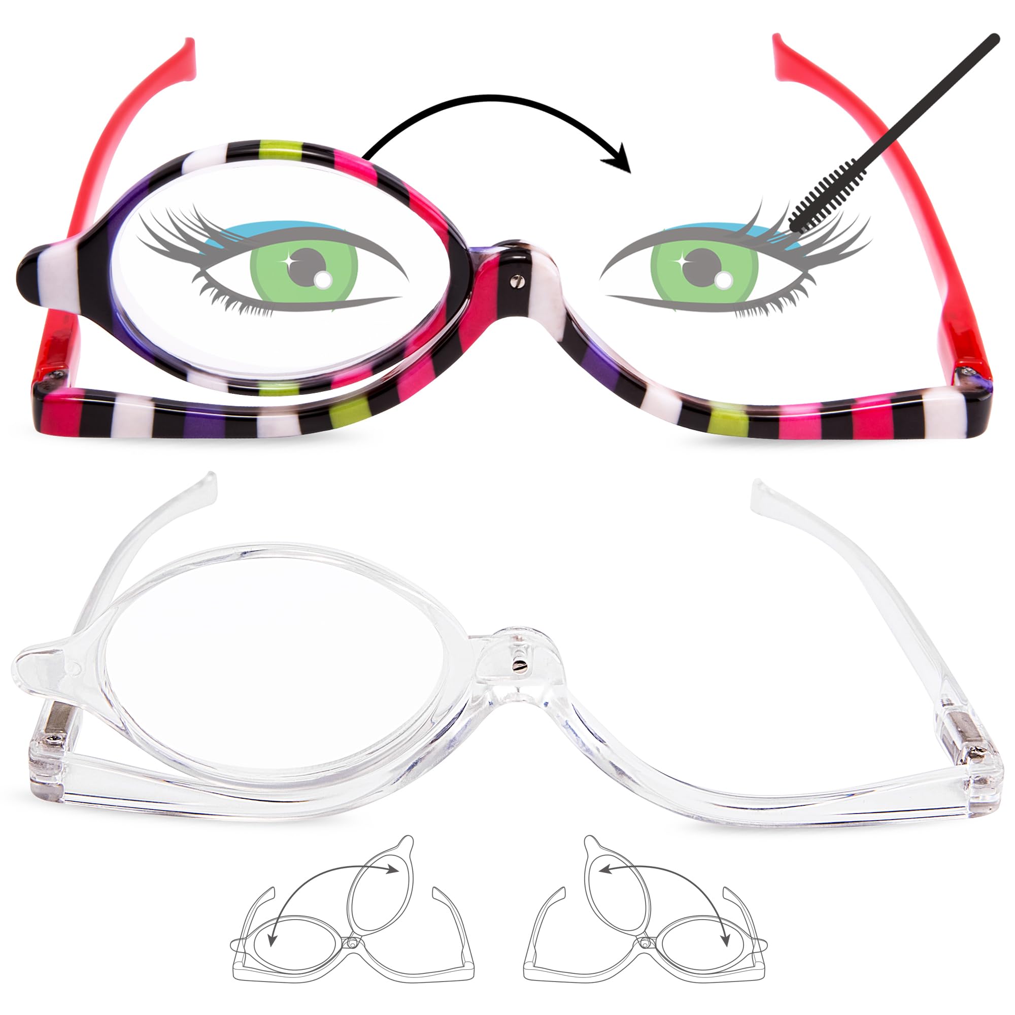 EYEGUARD Readers 2 Pack Magnifying Makeup Glasses Eye Make Up Spectacles Flip Down Lens Folding Cosmetic Womens Reading Glasses +2.50