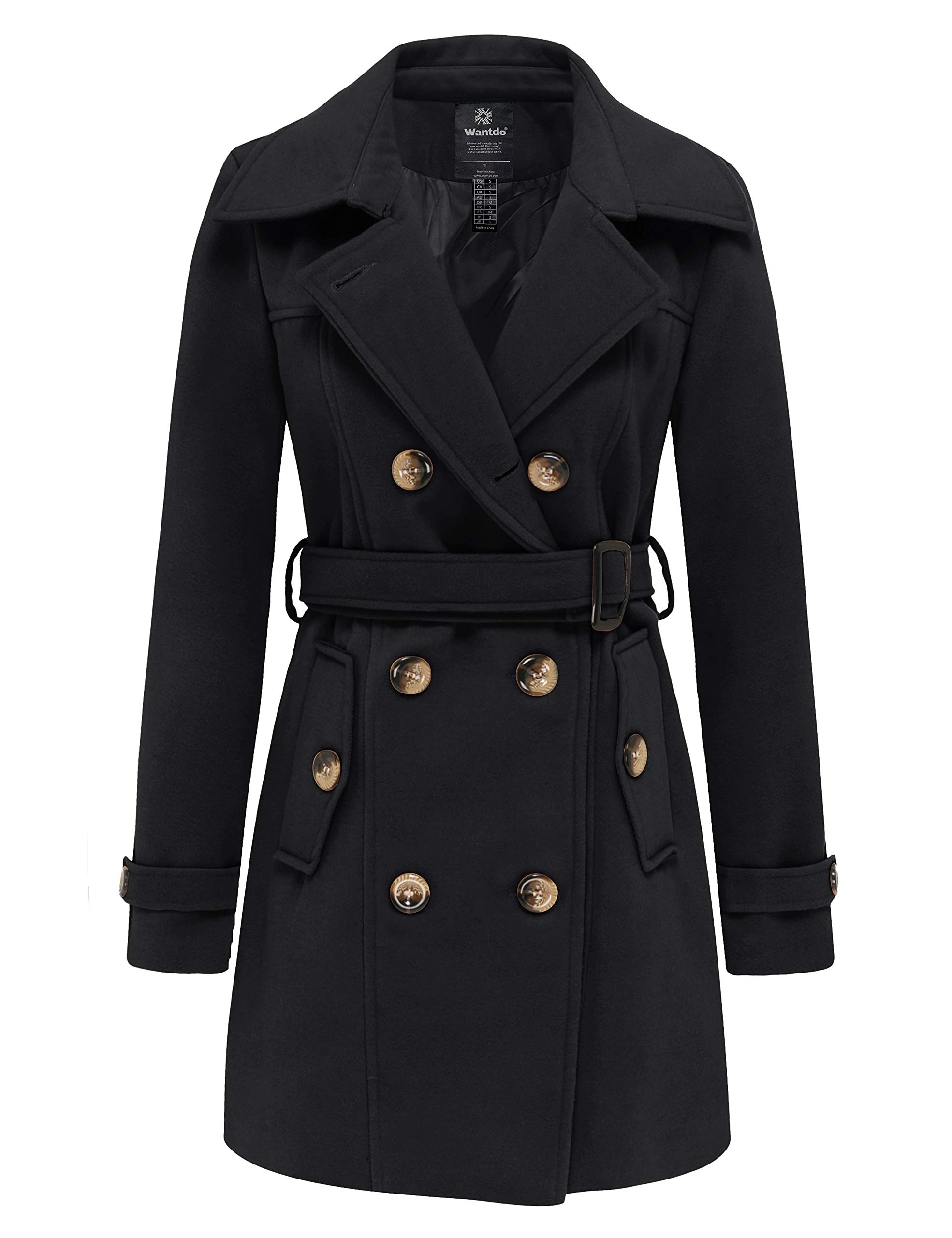 wantdo Women's Plus Size Double-Breasted Slim Solid Pea Coats with Belt Black XL