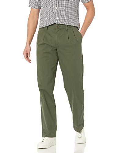 Amazon Essentials Men's Classic-Fit Wrinkle-Resistant Pleated Chino Pant (Available in Big & Tall), Dark Olive, 34W x 29L