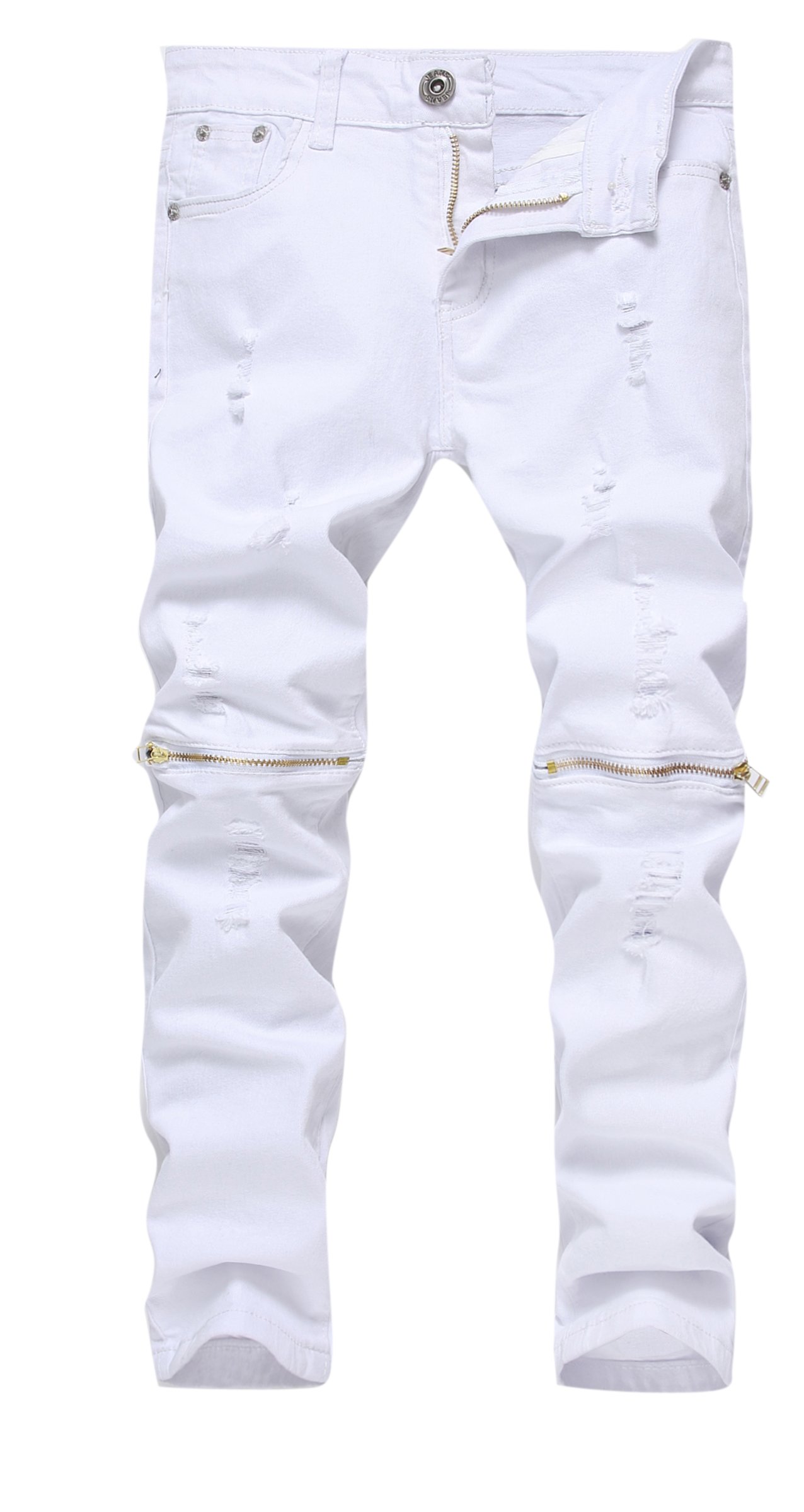 Boy's White Slim Fit Skinny Jeans Ripped Elastic Waist Pants with Zipper for Kids,White,14 Slim