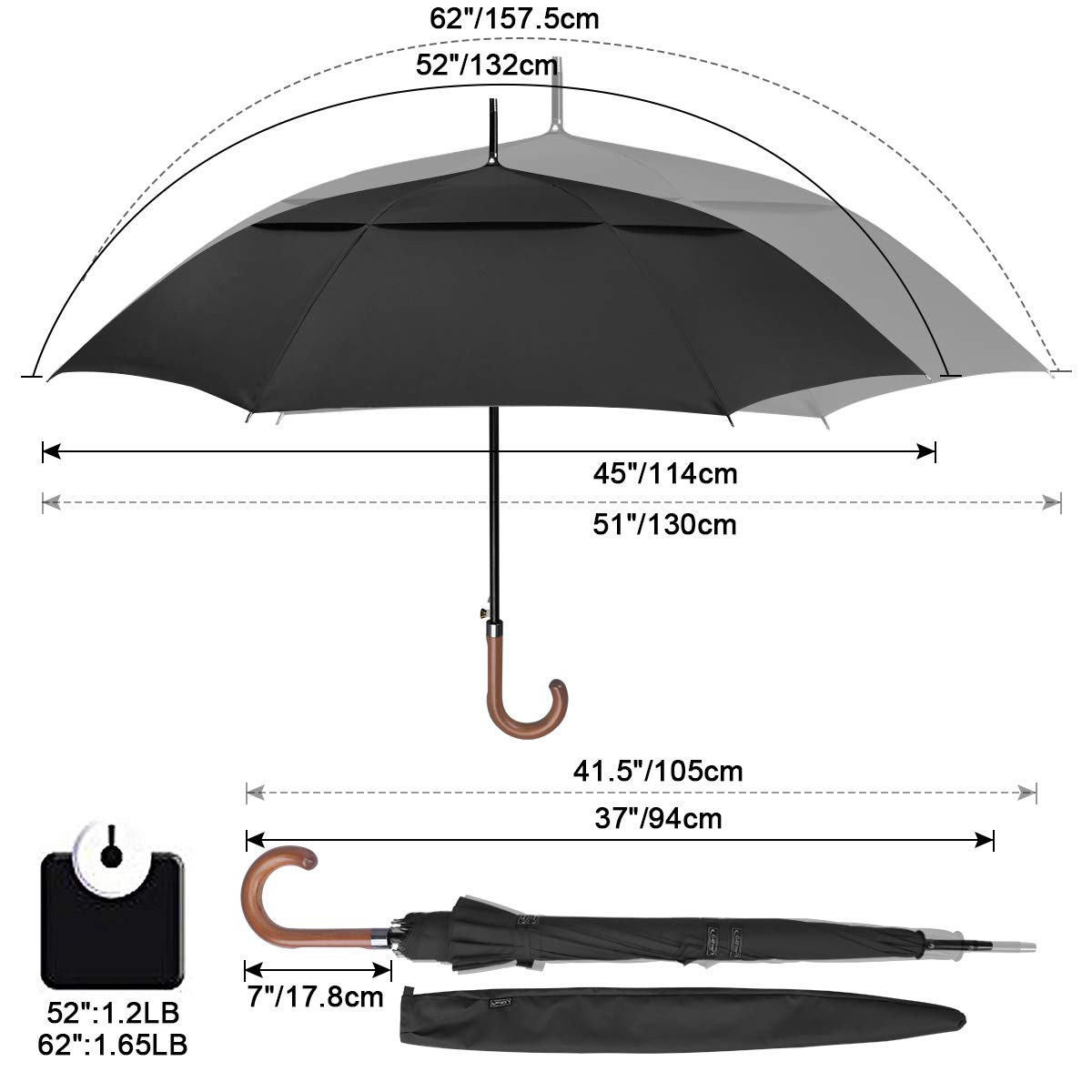 G4Free 52/62inch Wooden J Handle Golf Umbrella Windproof Classic Stick Wedding Cane Umbrellas, Auto Open Cane Hook Handle