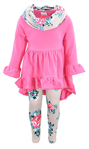 Unique Baby 3 Piece Girls Fall Winter Clothes Set Kid and Toddler Girl Leggings, Long Sleeve Shirt and Scarf Outfit (4 Years, Grey Floral)