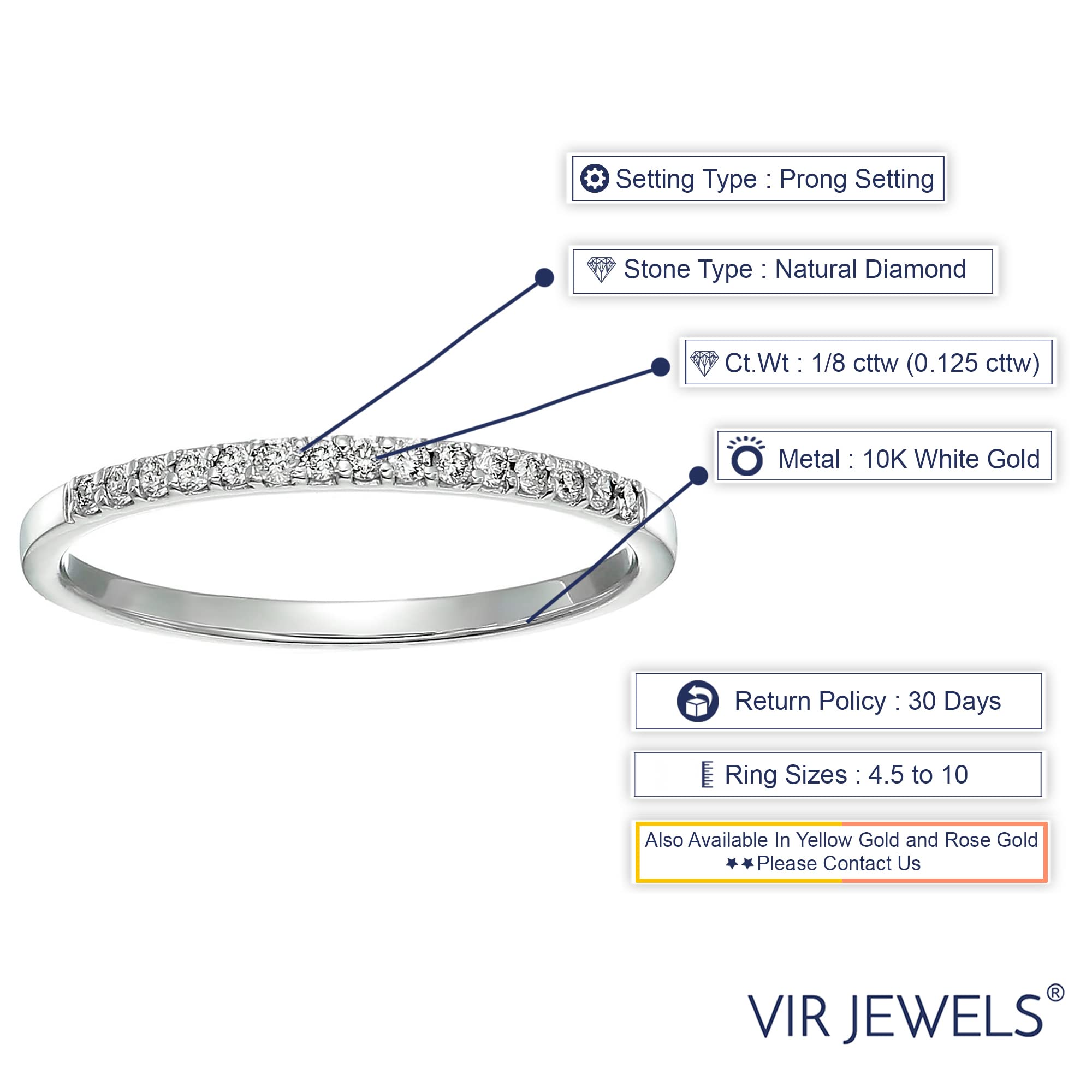 Vir Jewels 1/8 cttw Diamond Wedding Anniversary Band for Women, Round Diamond Engagement Ring 10K White Gold Prong Set 0.125 cttw, Size 5