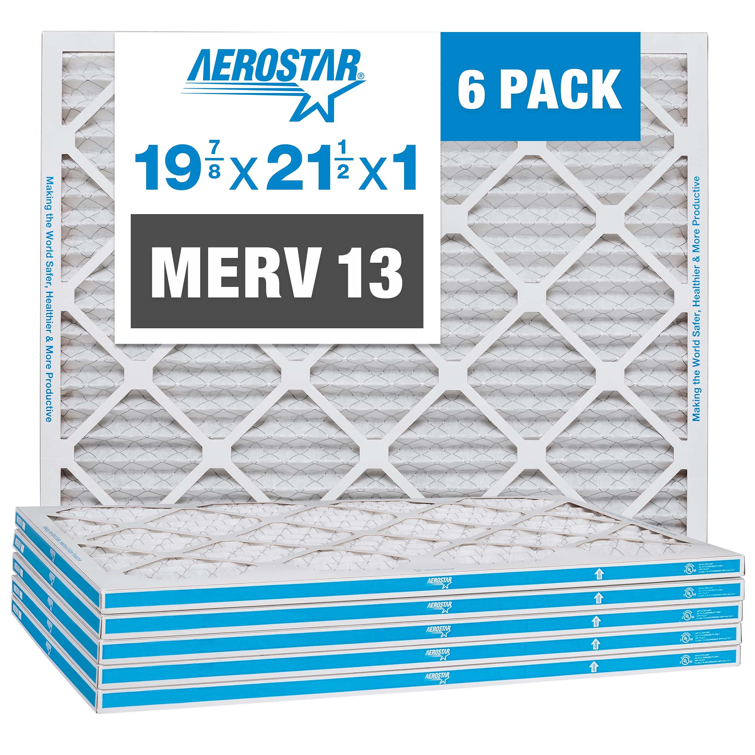 Aerostar 19 7/8 x 21 1/2 x 1 MERV 13 Pleated Air Filter, AC Furnace Air Filter, 6 Pack (Actual Size: 19 7/8"x21 1/2"x3/4")