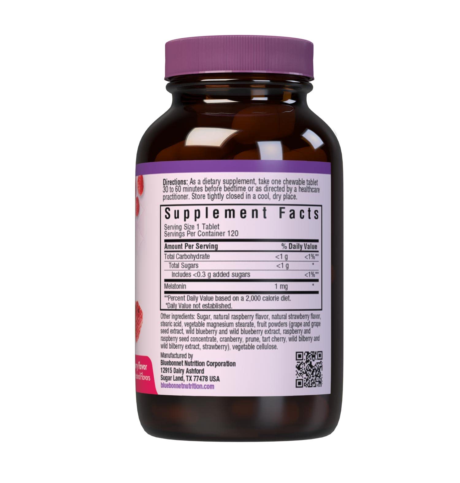 Bluebonnet Nutrition EarthSweet Melatonin 1 mg Fast-Acting Quick Dissolve Nighttime Relaxation & Restful Sleep Support - Sleep Aid - Gluten-Free, Vegan - Raspberry Flavor - 120 Chewable Tablets