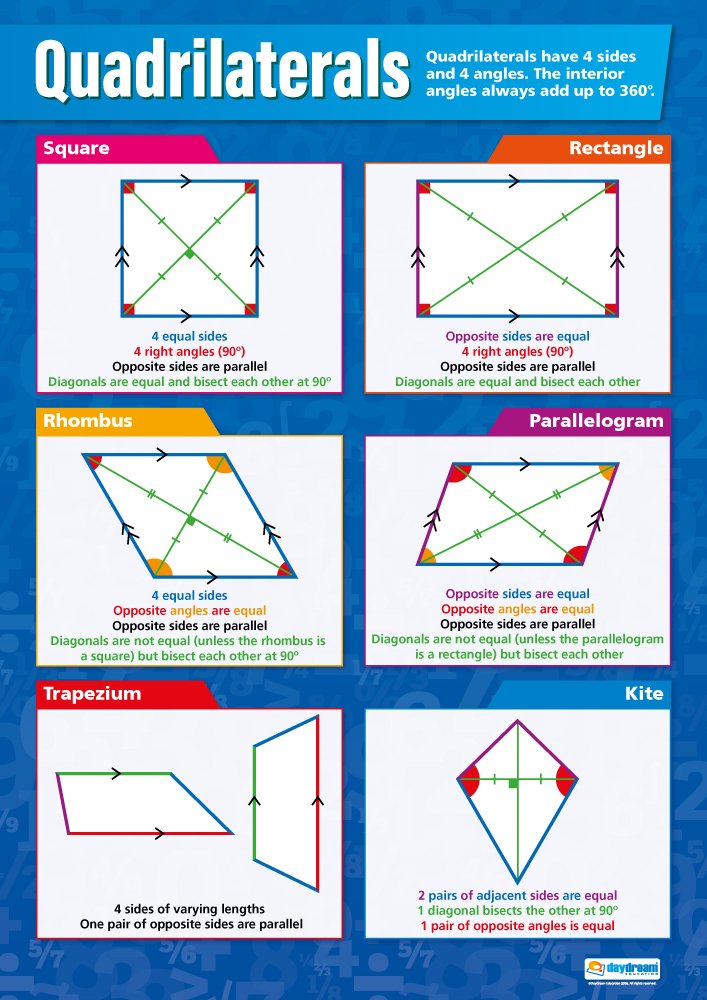 Daydream Education Quadrilaterals Math Poster - EXTRA LARGE 33” x 23.5” - Gloss Paper - Math Middle & High School Classroom Decoration - Wall Charts