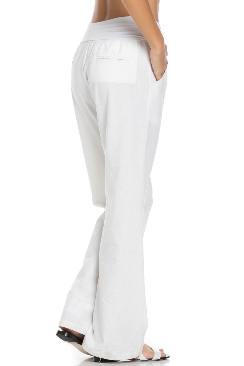 Poplooks Women's Comfy Fold Over Linen Pants (XX-Large, White)