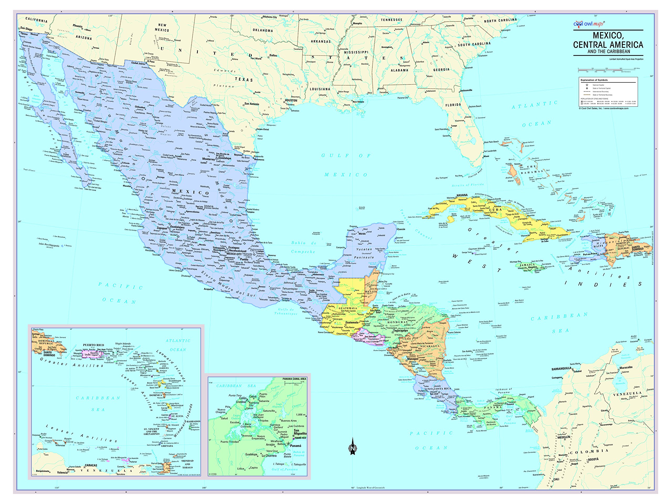 Cool Owl Maps Mexico, Central America, and Caribbean Wall Map - Rolled Laminated (32"x24")