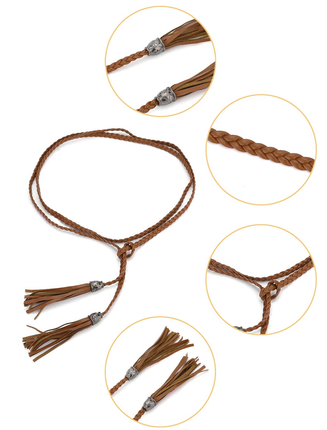uxcell Women Tassels Braided PU Waist Belt Brown Brown One Size