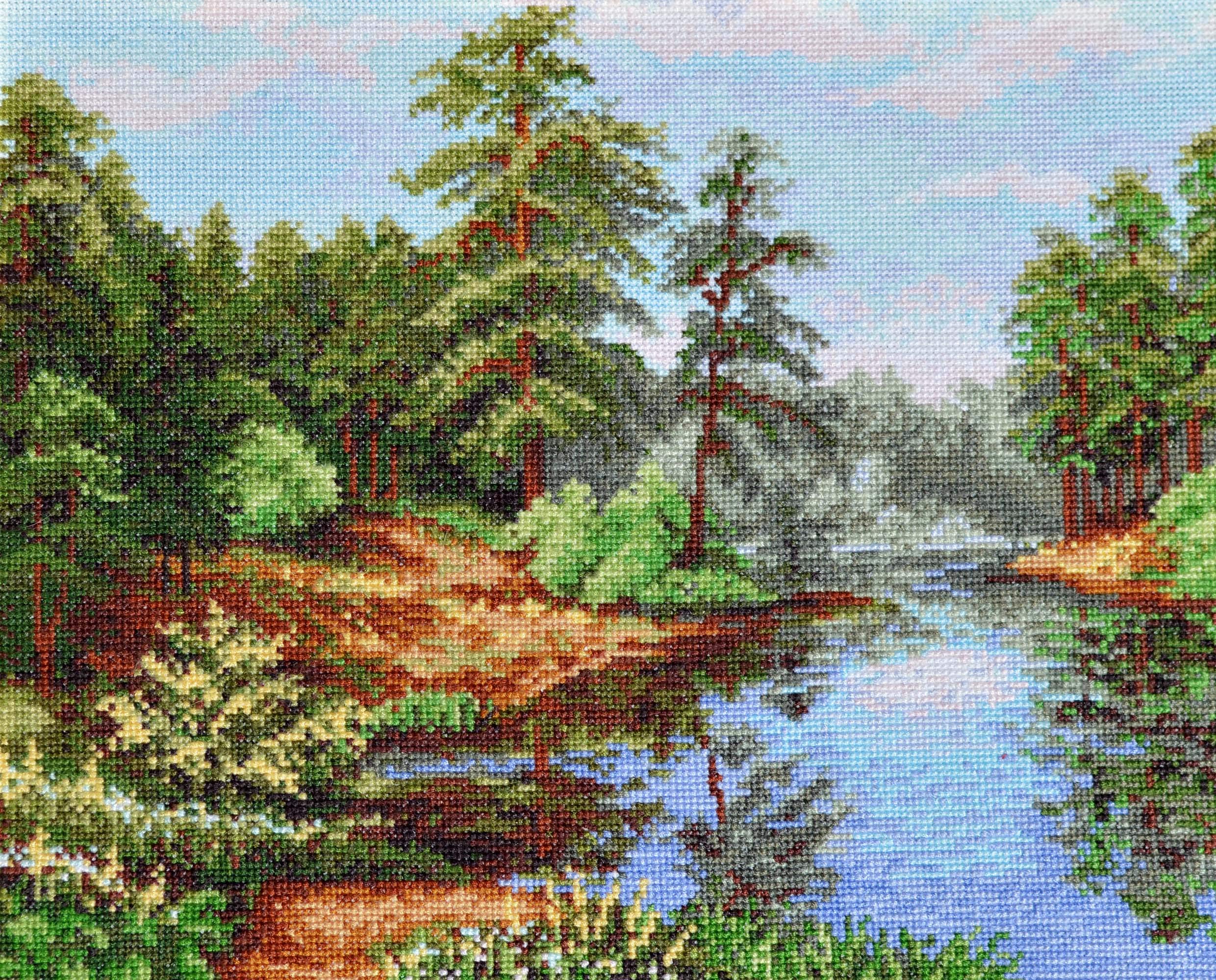Povitrulya Lake Amid Pines - Counted Cross Stitch Kit with Forest Landscape Pattern