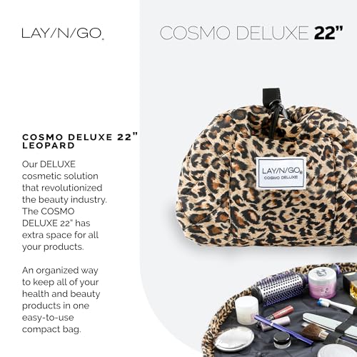Lay-n-Go Cosmo Drawstring Cosmetic & Makeup Bag Organizer - Portable Drawstring Makeup Bag w/Zipper Pocket, Makeup Loops & More - Durable, Machine Washable Makeup Bag for Travel (22”, Leopard)