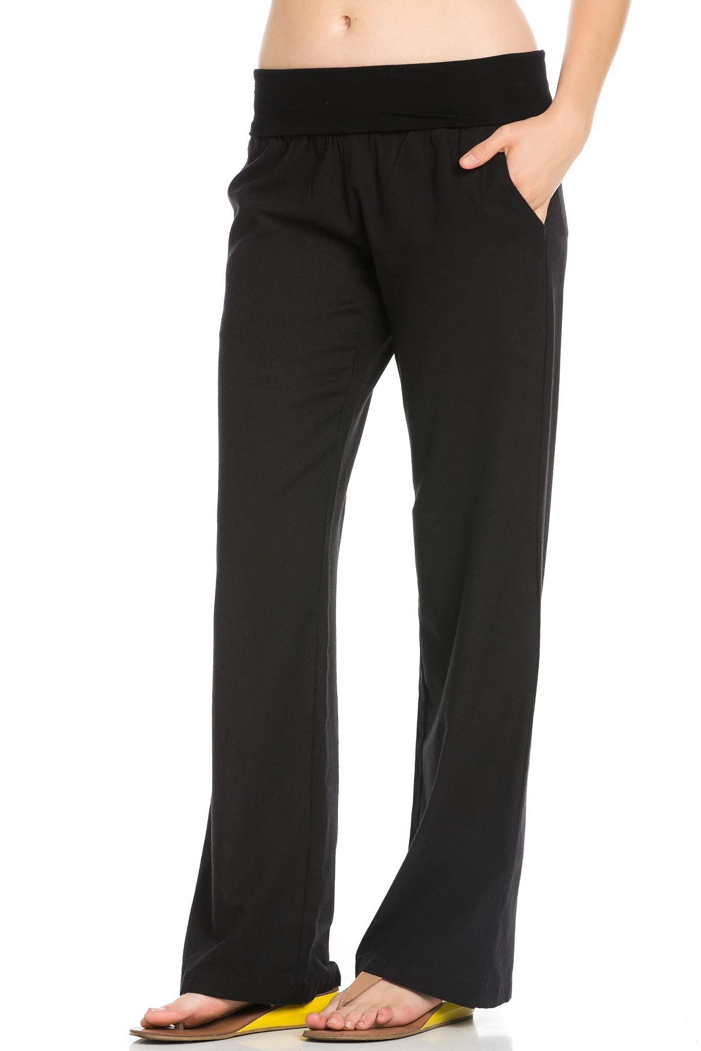 Poplooks Women's Comfy Fold Over Linen Pants (XX-Large, Black)