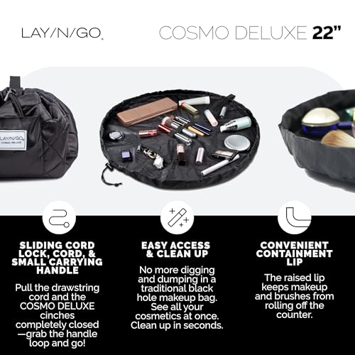 Lay-n-Go Cosmo Drawstring Cosmetic & Makeup Bag Organizer - Portable Drawstring Makeup Bag w/Zipper Pocket, Makeup Loops & More - Durable, Machine Washable Makeup Bag for Travel (22”, Leopard)