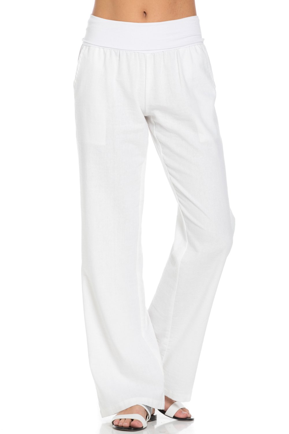 Poplooks Women's Comfy Fold Over Linen Pants (XX-Large, White)