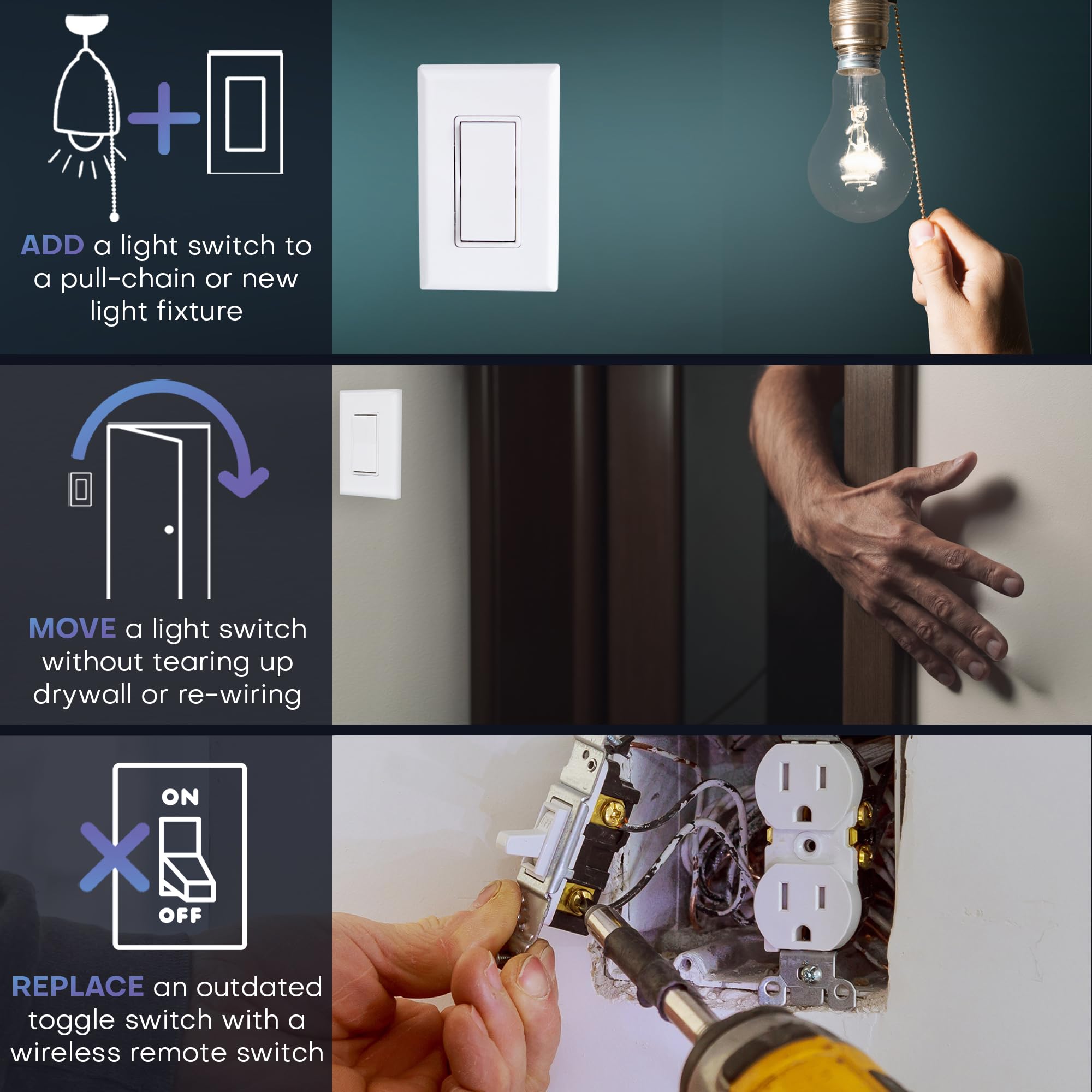 RunLessWire 3-Way Remote Light Switch Kit Wireless Battery-Free Self-Powered Kinetic DIY Wall Switch 150ft RF Range - 3 Way: 1 On/Off Receiver, 2 Switches - White