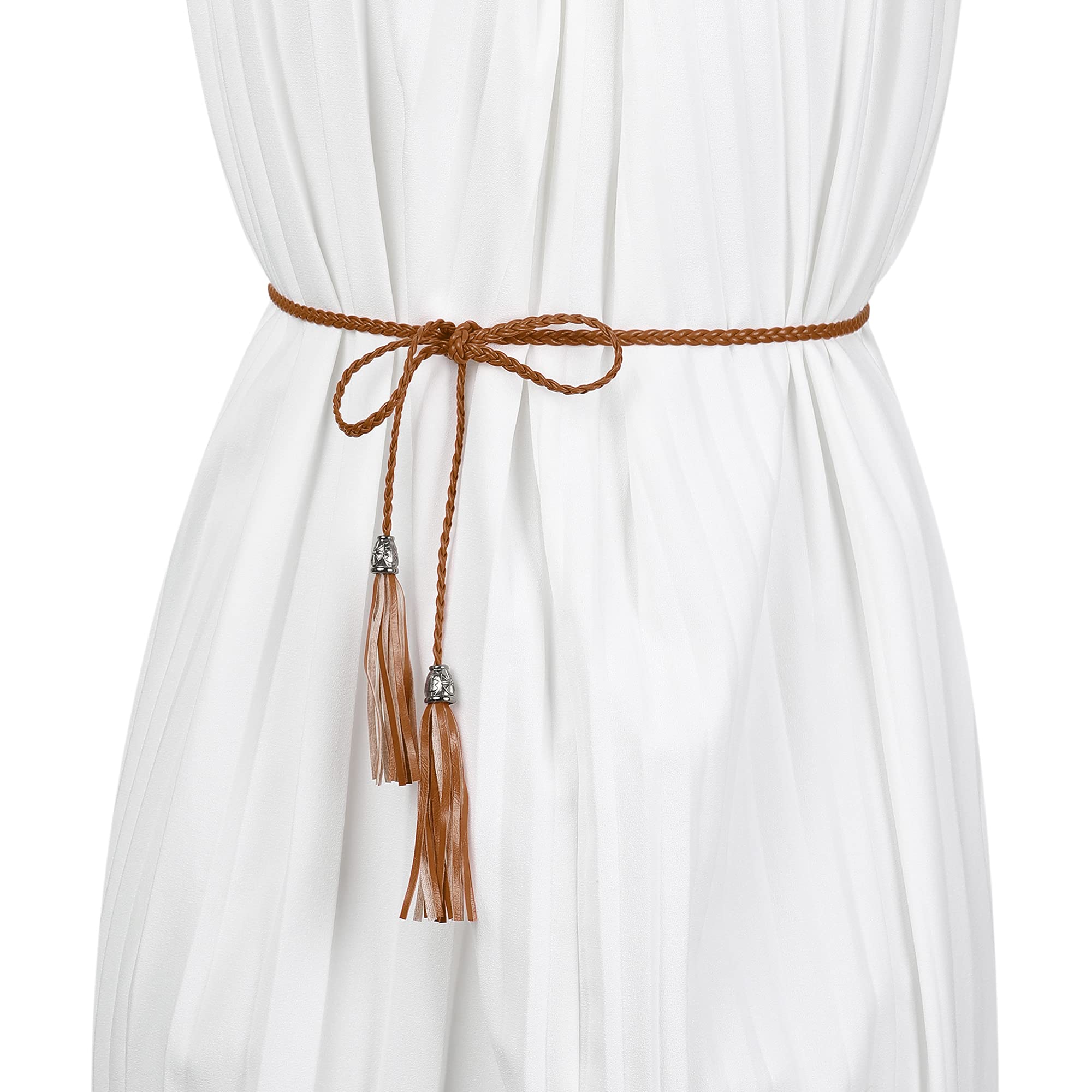 uxcell Women Tassels Braided PU Waist Belt Brown Brown One Size