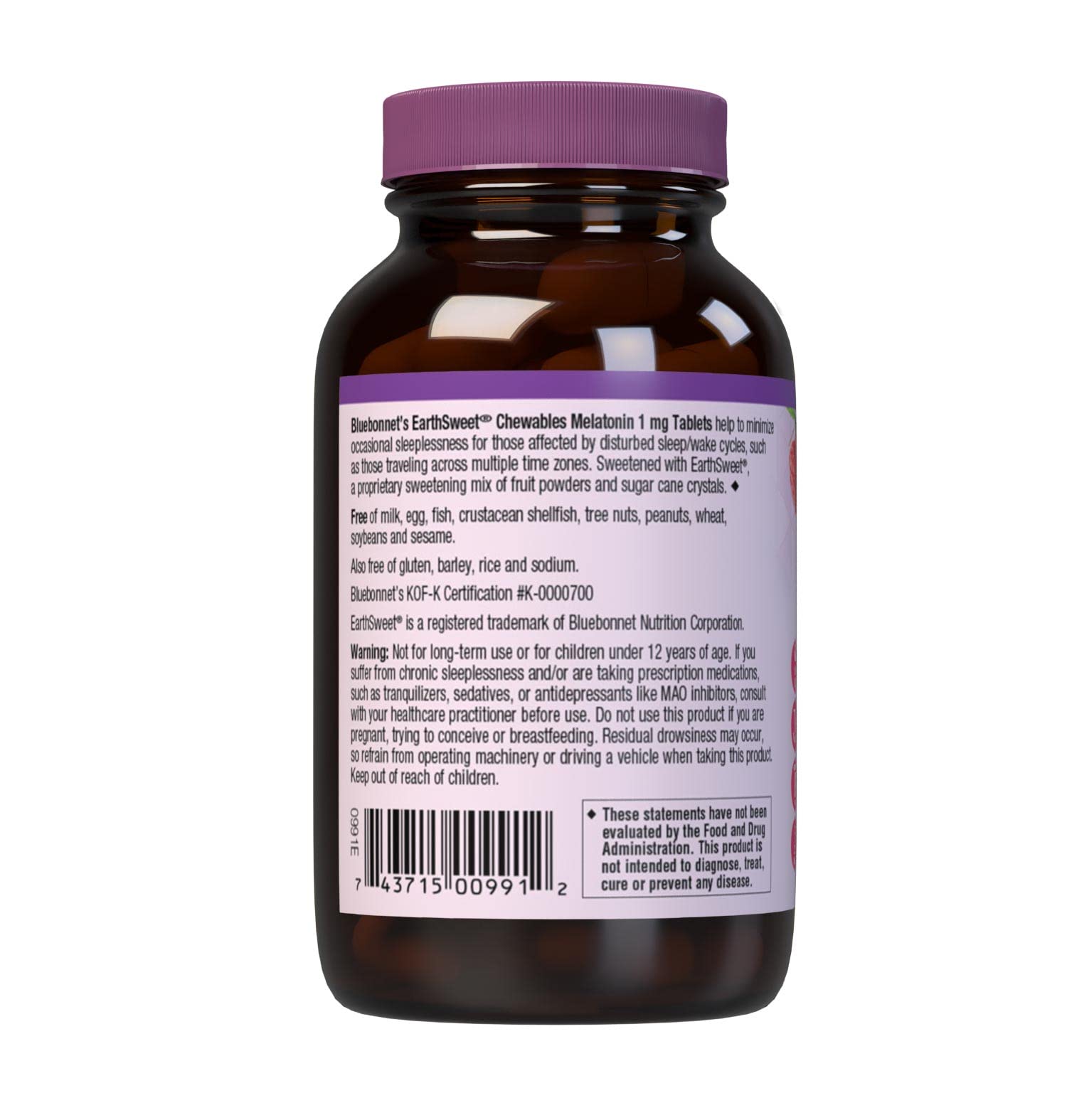 Bluebonnet Nutrition EarthSweet Melatonin 1 mg Fast-Acting Quick Dissolve Nighttime Relaxation & Restful Sleep Support - Sleep Aid - Gluten-Free, Vegan - Raspberry Flavor - 120 Chewable Tablets
