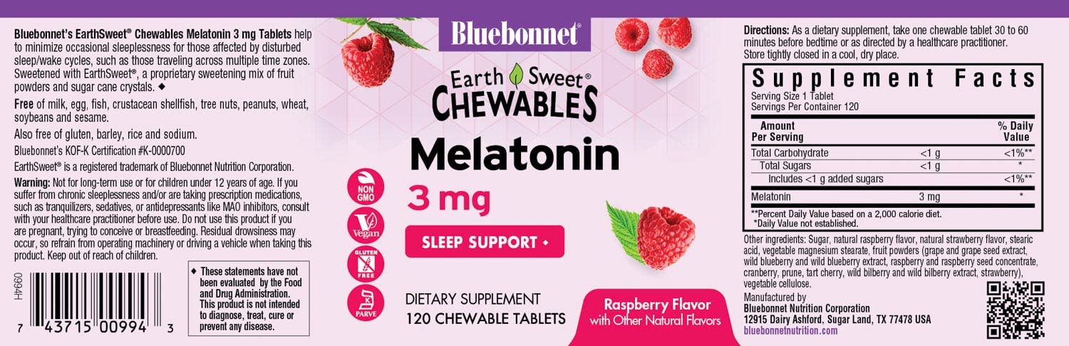 Bluebonnet Nutrition EarthSweet Melatonin 3 mg Fast-Acting Quick Dissolve Nighttime Relaxation & Restful Sleep Support - Sleep Aid - Gluten-Free, Vegan - Raspberry Flavor - 120 Chewable Tablets