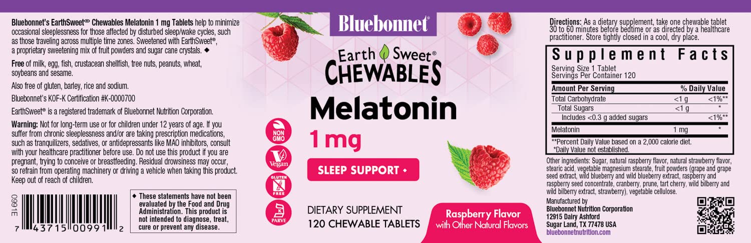 Bluebonnet Nutrition EarthSweet Melatonin 1 mg Fast-Acting Quick Dissolve Nighttime Relaxation & Restful Sleep Support - Sleep Aid - Gluten-Free, Vegan - Raspberry Flavor - 120 Chewable Tablets