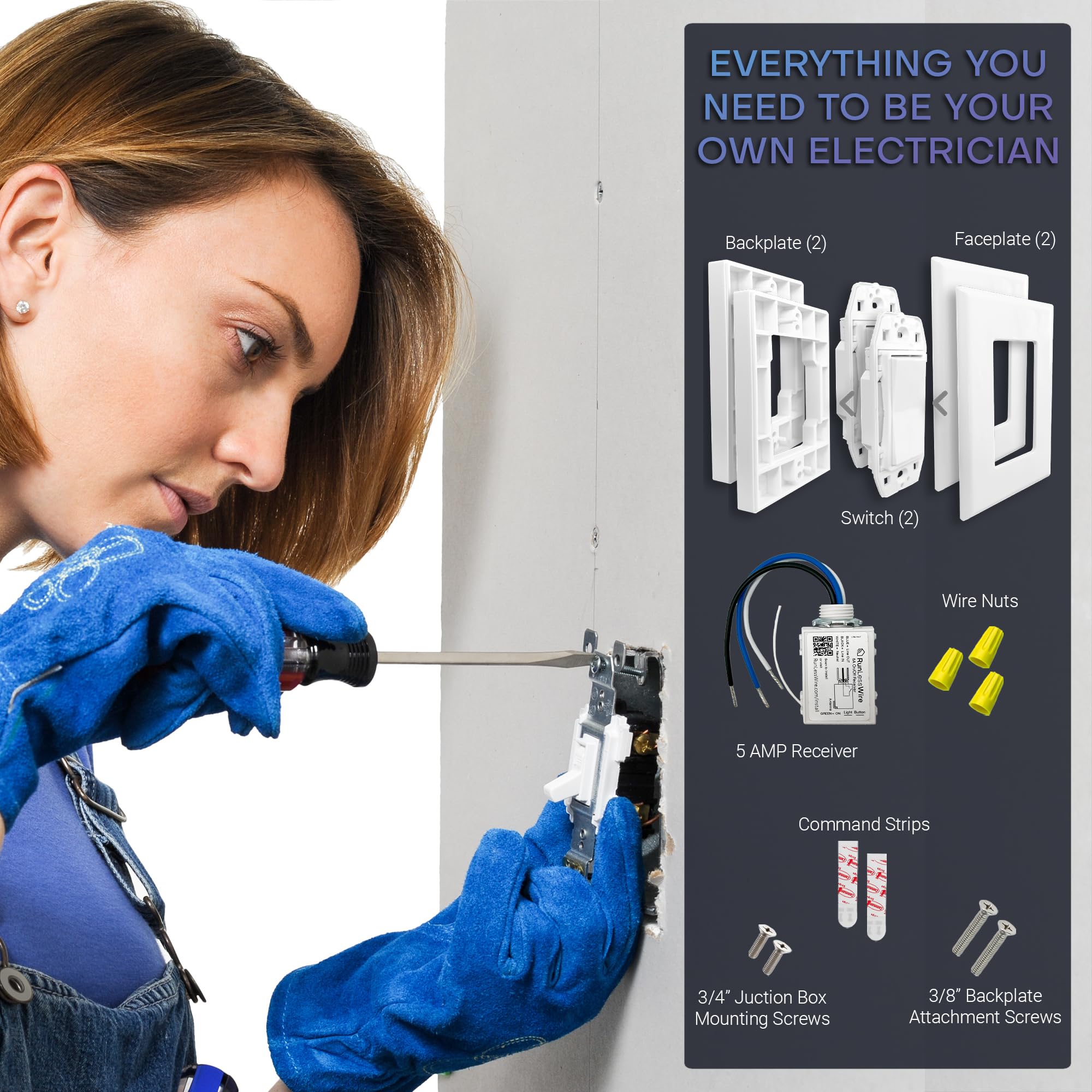 RunLessWire 3-Way Remote Light Switch Kit Wireless Battery-Free Self-Powered Kinetic DIY Wall Switch 150ft RF Range - 3 Way: 1 On/Off Receiver, 2 Switches - White