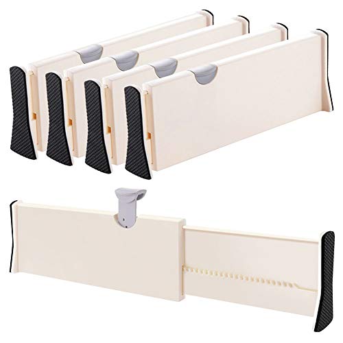 Drawer Dividers Organizer 4 Pack, Adjustable Separators 4" High Expandable from 11-17" for Bedroom, Bathroom, Closet,Clothing, Office, Kitchen Storage, Strong Secure Hold, Foam Ends, Locks in Place
