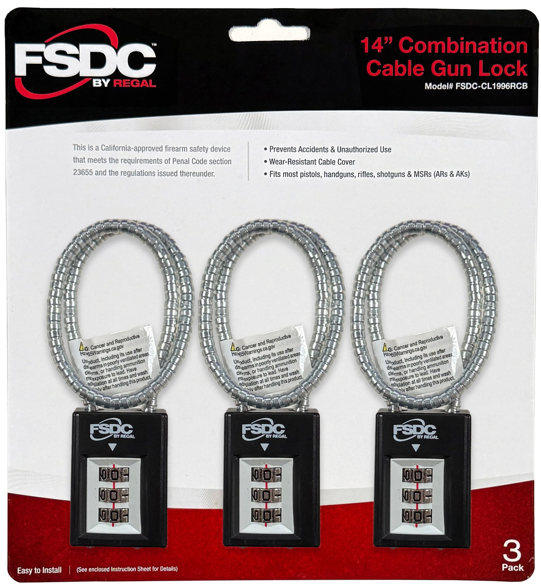 FSDC (Firearm Safety Devices β FSDC-CL1996RCB 14" Combination Cable Gun Lock - California DOJ Approved Lock - Scratch-Resistant Paint Finish β 3-Pack