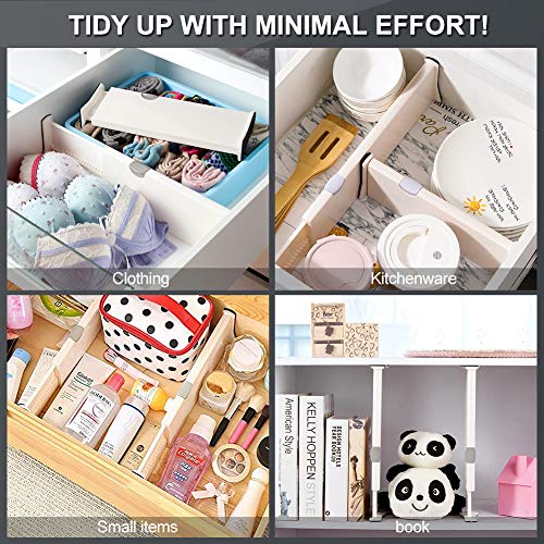Drawer Dividers Organizer 4 Pack, Adjustable Separators 4" High Expandable from 11-17" for Bedroom, Bathroom, Closet,Clothing, Office, Kitchen Storage, Strong Secure Hold, Foam Ends, Locks in Place